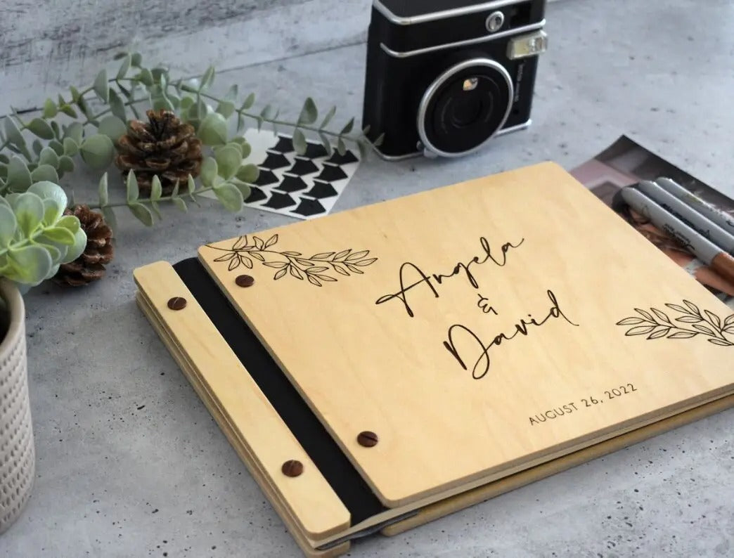 Personalized Wooden Wedding Guest Book – Engraved Photo Album – Organic ...
